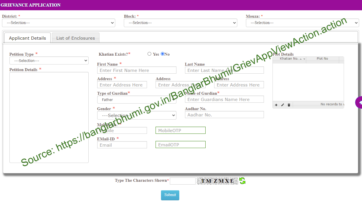 Grievance Application under Public Grievance at banglarbhumi.gov.in