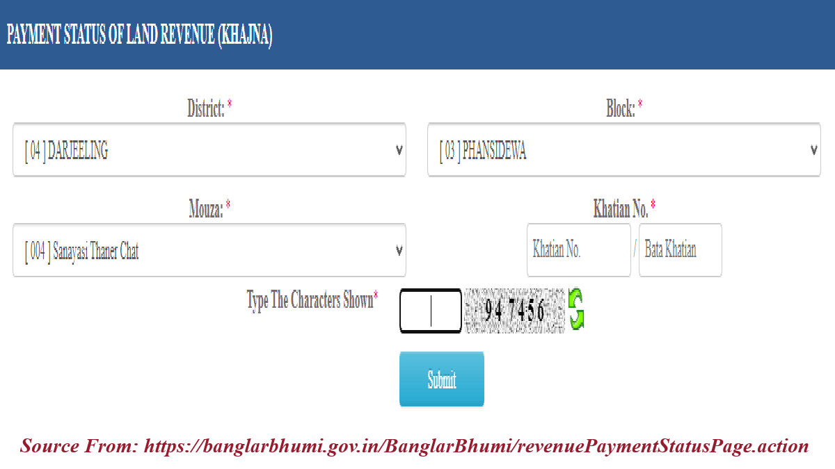 Land Revenue Khajna Payment Status at banglarbhumi.gov.in
