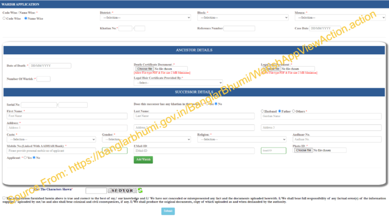 WARISH Application Online at RCCMS in banglarbhumi.gov.in