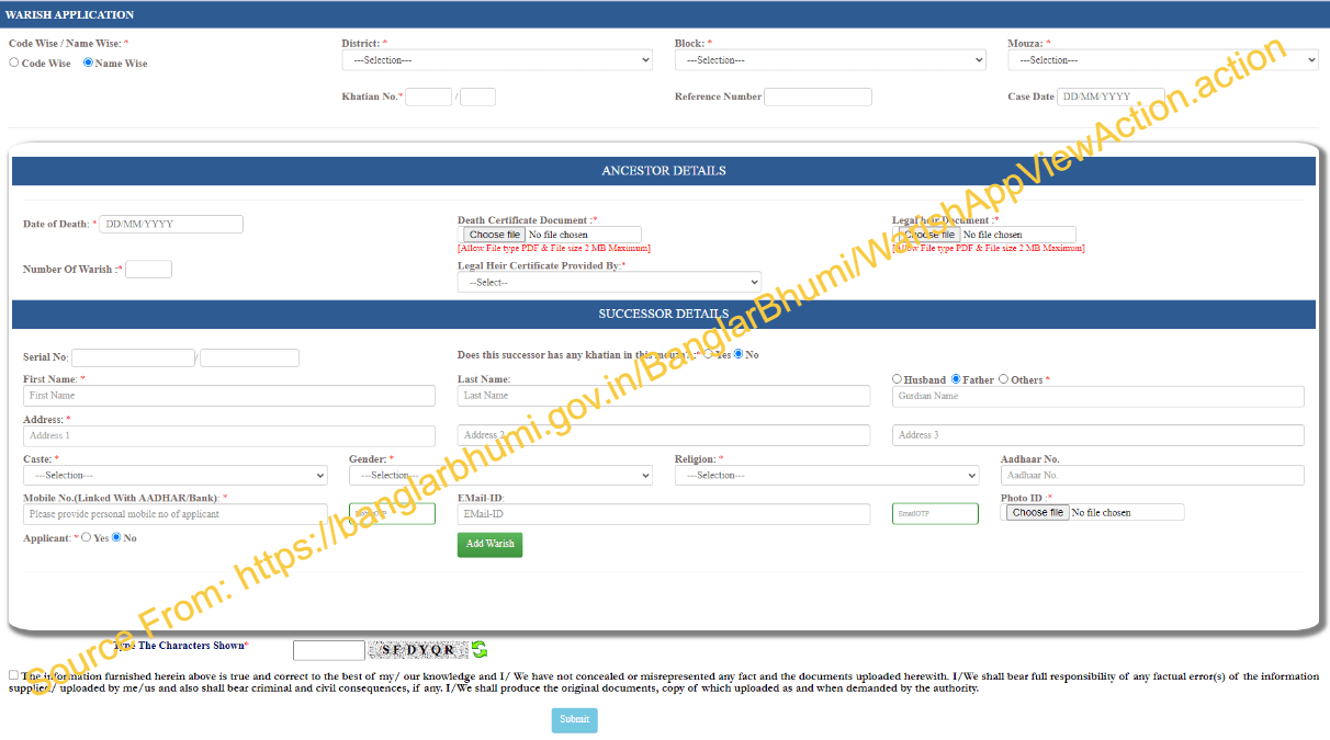 WARISH Application Online at RCCMS in banglarbhumi.gov.in